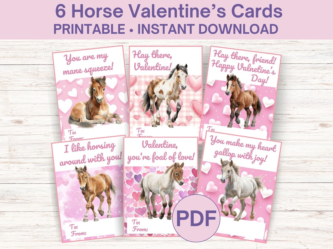 6 Printable Horse Valentine's Cards, Classroom Valentine Cards Horse ...