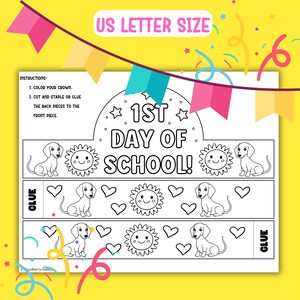 First Day of School Crown Coloring Craft Activity, Back to School Paper ...