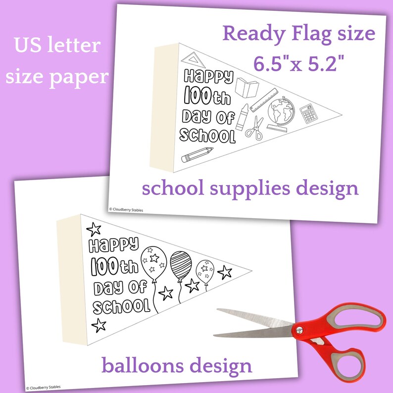 100th Day of School Flags Coloring Craft, 100 Days of School Flag ...