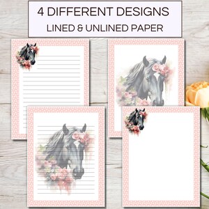 Printable Stationery Horse Paper, Flower Horse Paper Set Pink for ...