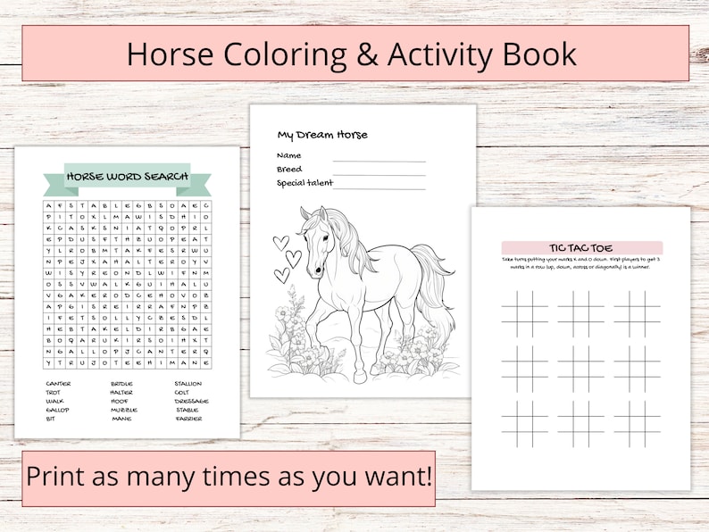 Printable Horse Coloring&activity Book for Kids, Horse Camp Activity ...