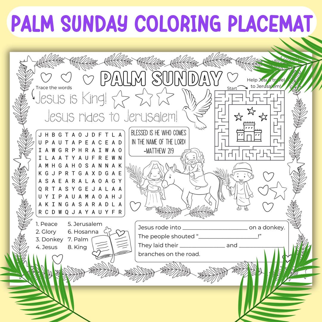 Palm Sunday Coloring Page Placemat Printable Christian Easter Worksheet ...