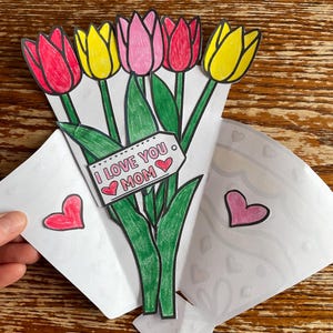 Mother's Day Coloring Card Tulip Flower Bouquet Craft, Mom Gift ...
