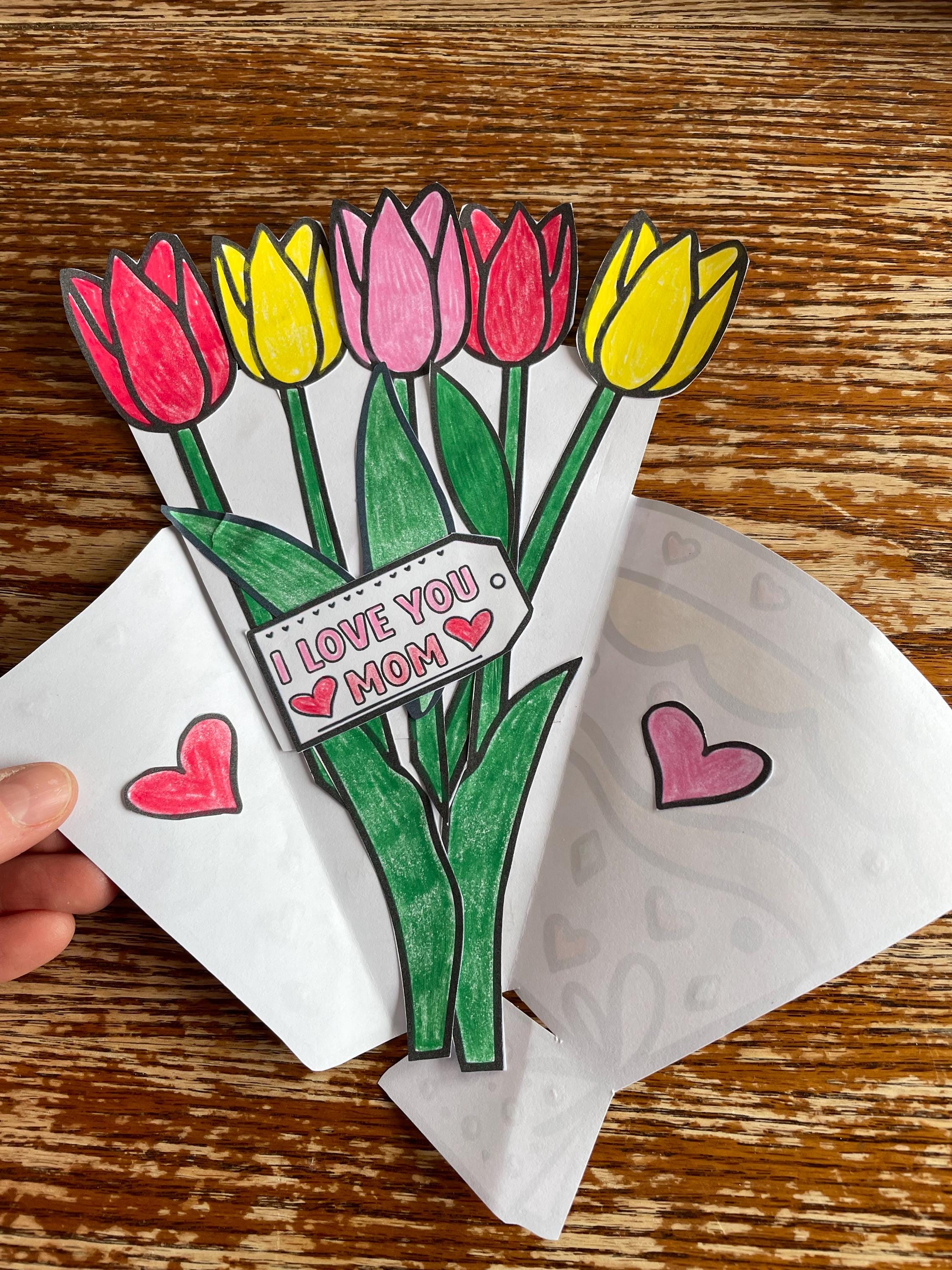Mother's Day Coloring Card Tulip Flower Bouquet Craft, Mom Gift ...