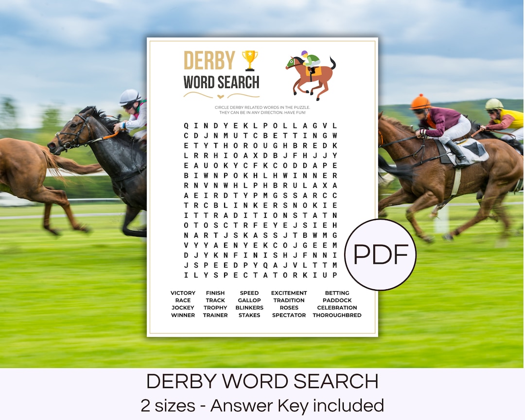 Derby Word Search Printable Horse Race Derby Party Game Horse Racing ...