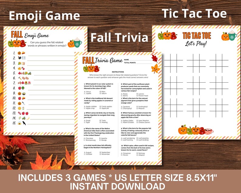 Printable Fall Trivia Game, Fall Emoji Game, Tic Tac Toe, Autumn ...