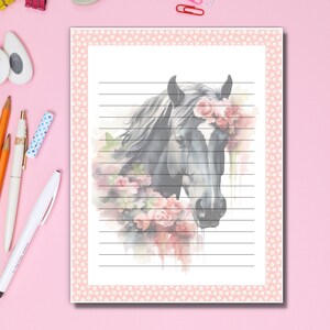 Printable Stationery Horse Paper, Flower Horse Paper Set Pink for ...
