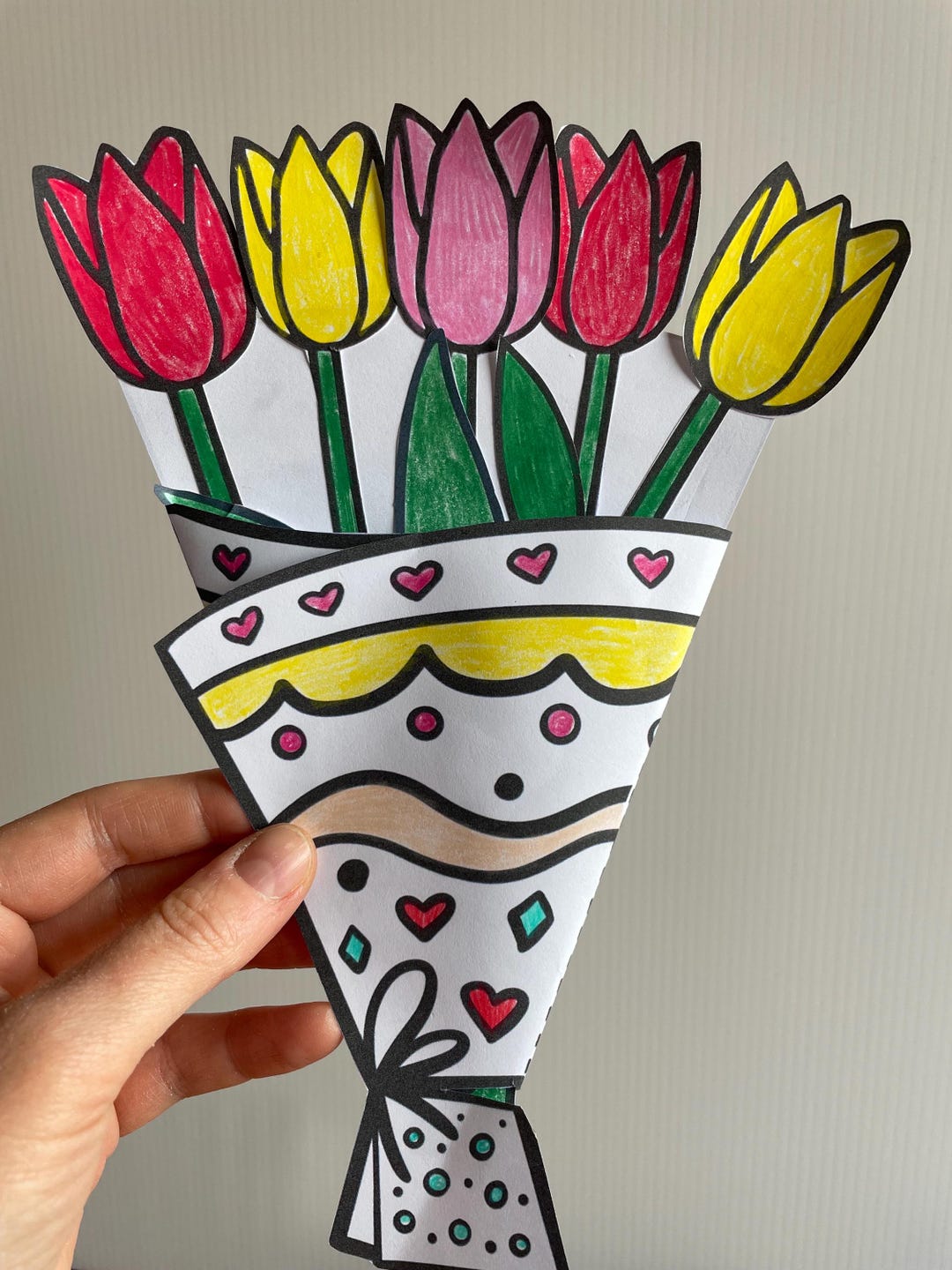 Mother's Day Coloring Card Tulip Flower Bouquet Craft, Mom Gift ...
