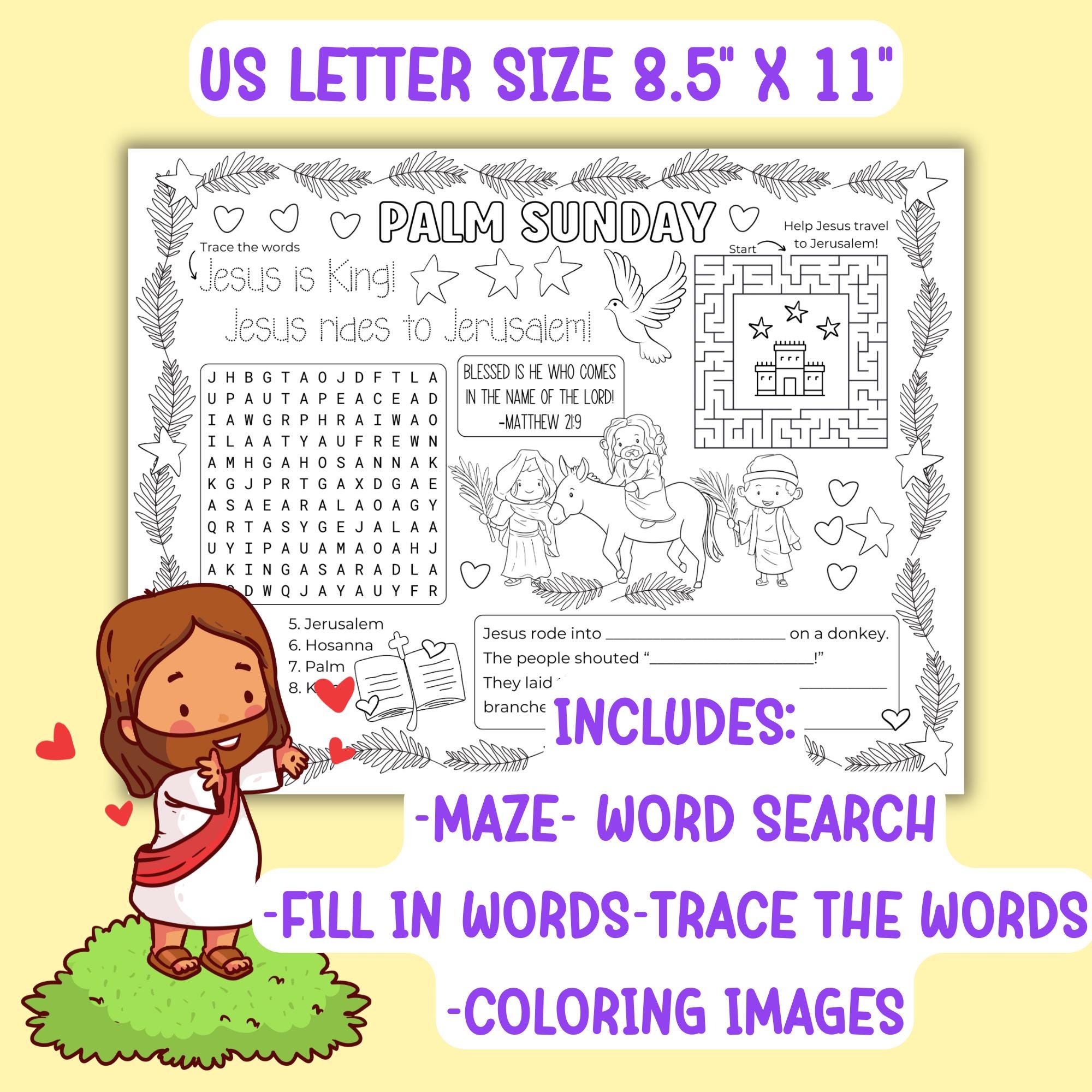 Palm Sunday Coloring Page Placemat Printable Christian Easter Worksheet ...