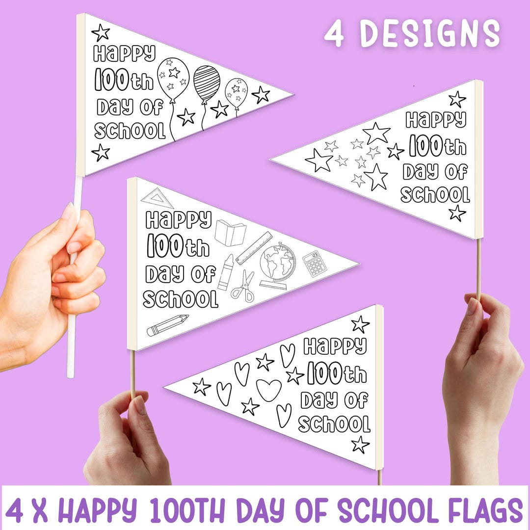100th Day of School Flags Coloring Craft, 100 Days of School Flag ...