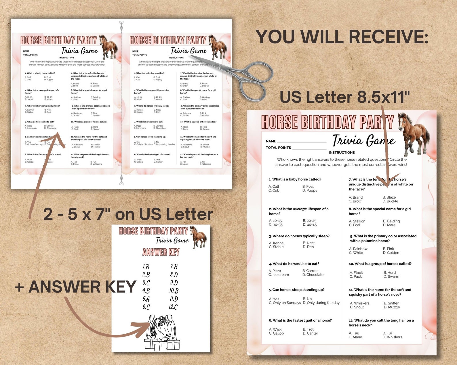 Printable Horse Birthday Party Trivia Game, Pony Party Activity, Horse ...