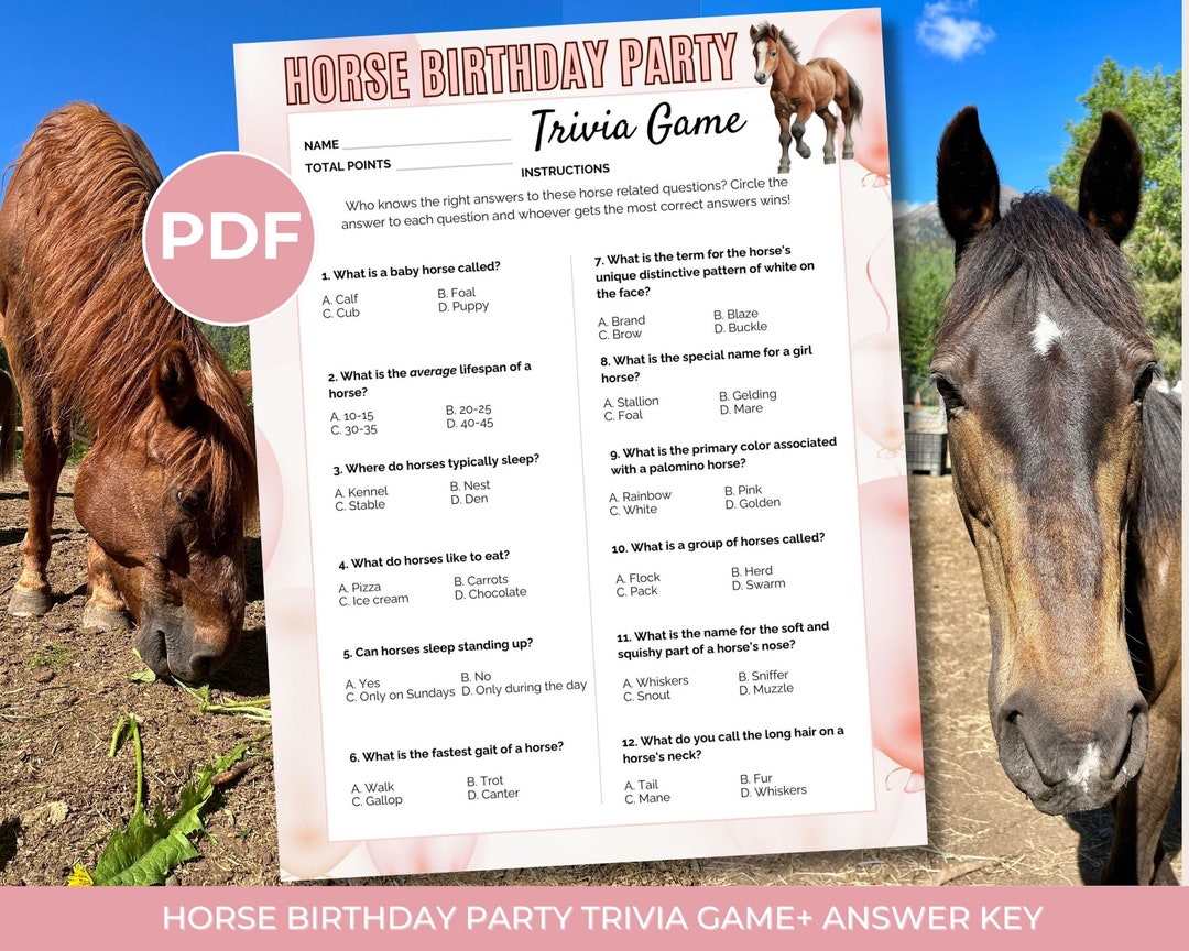 Printable Horse Birthday Party Trivia Game, Pony Party Activity, Horse ...