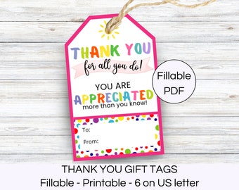Fillable Teacher Appreciation Week Gift Tags Last Day of School Thank ...