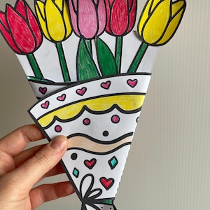 Mother's Day Coloring Card Tulip Flower Bouquet Craft, Mom Gift ...