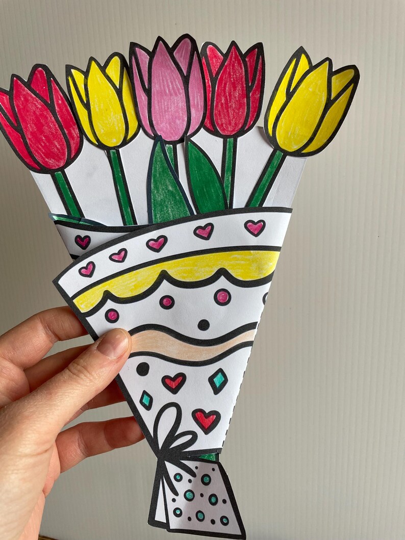 Mother's Day Coloring Card Tulip Flower Bouquet Craft, Mom Gift ...
