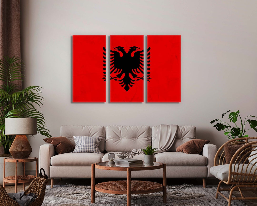 Albania Flag Canvas Print Wall Art - 3 Panel Split Triptych or Single ...