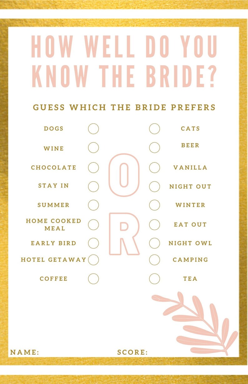 Bridal Shower Game - How Well Do You Know the Bride? - Etsy