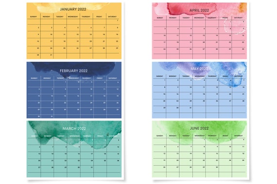 Printable Calendar 2022 Horizontal Colorful Watercolor PDF | Etsy
