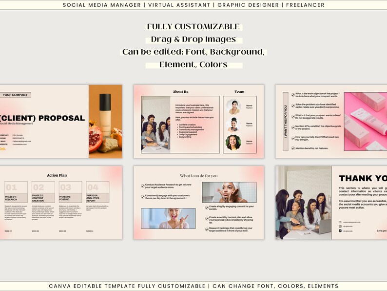 Client Proposal Editable Canva Template Social Media Manager Virtual Assistant Freelancer Blush ...
