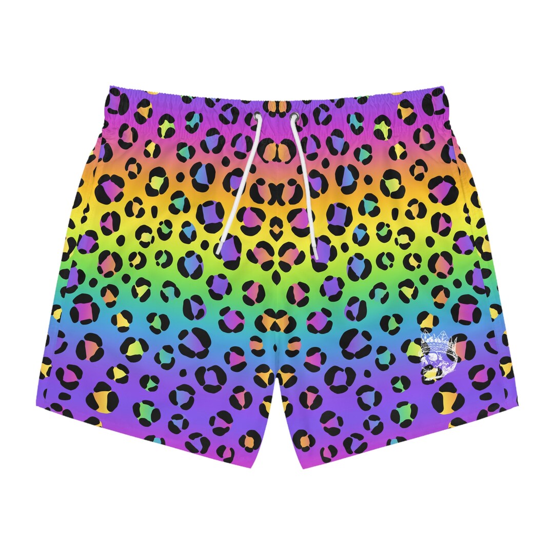 Rainbow Leopard Print Fast Dry Swim Trunks for Men, Colorful Mid Thigh ...