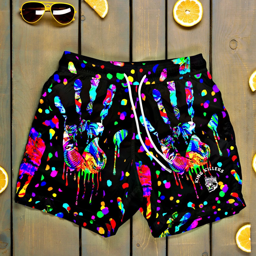 Trippy Neon Handprint Swim Trunks for Men, Ultra Fast Drying Material ...