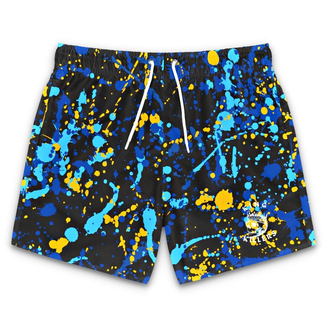 Blue & Gold Paint Splatter Short Swim Shorts With Pockets, Festival ...
