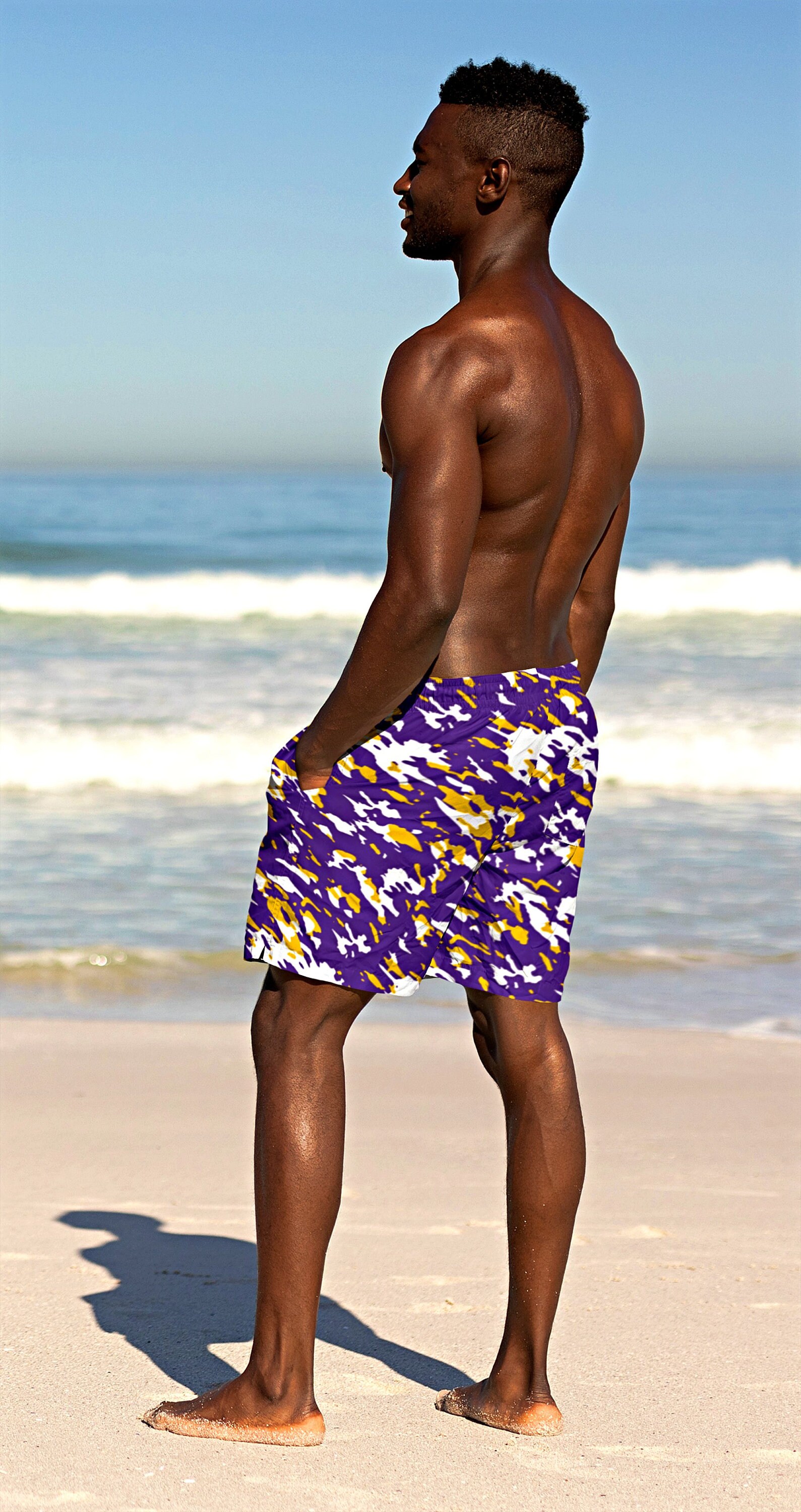 Purple & Gold Camouflage Swim Trunks for Men, LSU / Los Angeles Lakers ...