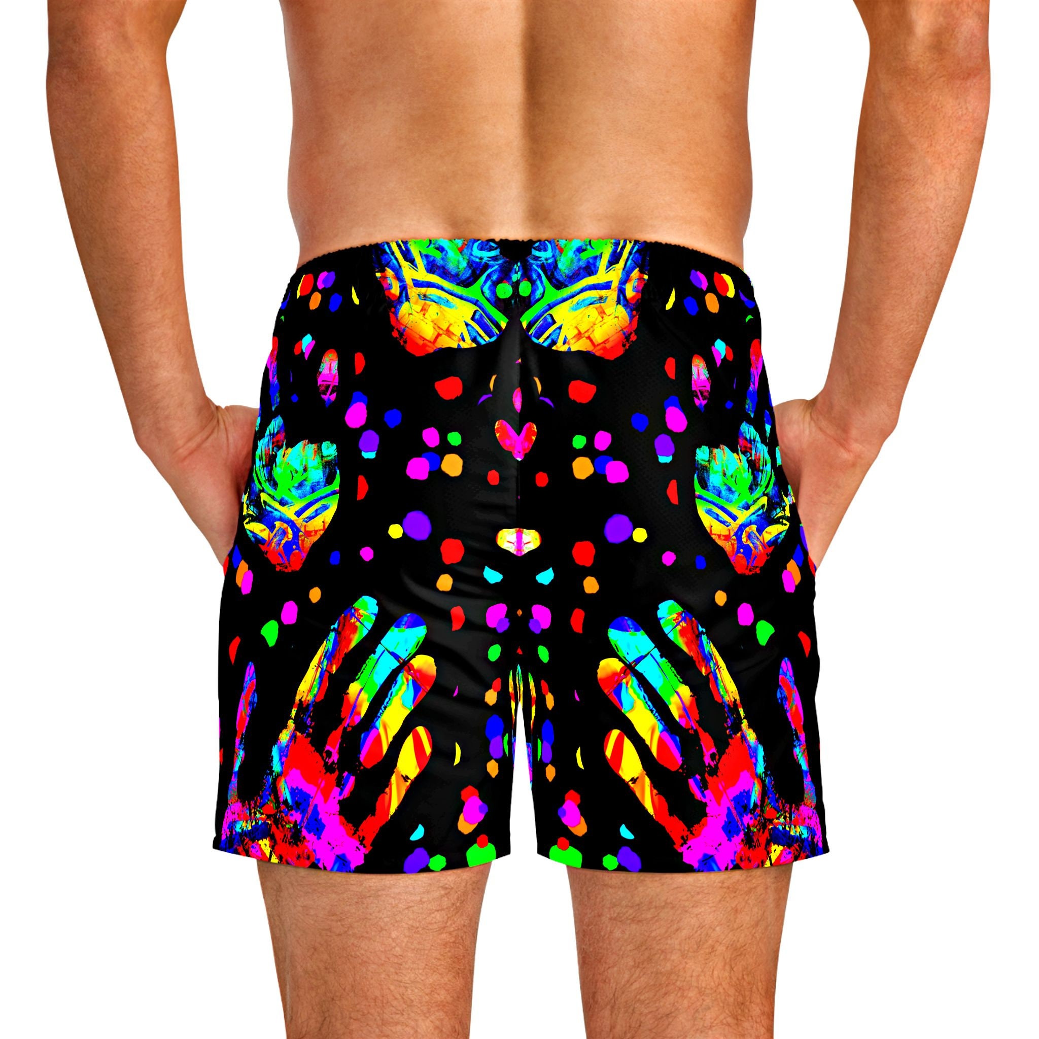 Trippy Neon Handprint Swim Trunks for Men, Ultra Fast Drying Material ...