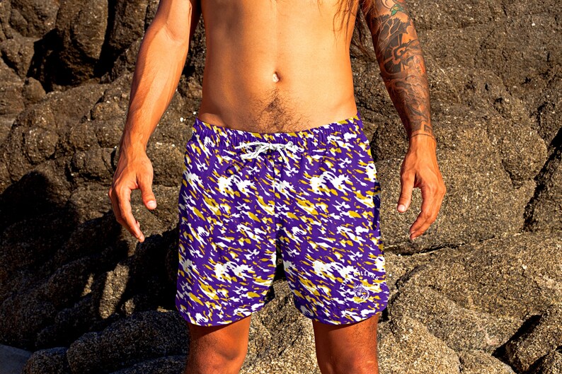 Purple & Gold Camouflage Swim Trunks for Men, LSU / Los Angeles Lakers ...