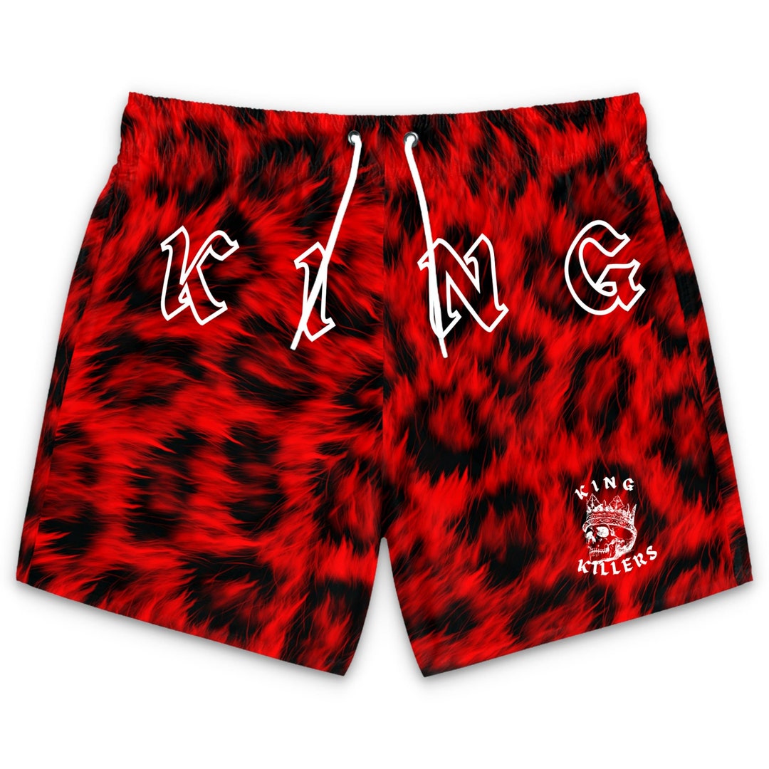 KING Red & Black Leopard Print Swim Trunks for Him, Fast Drying, Short ...