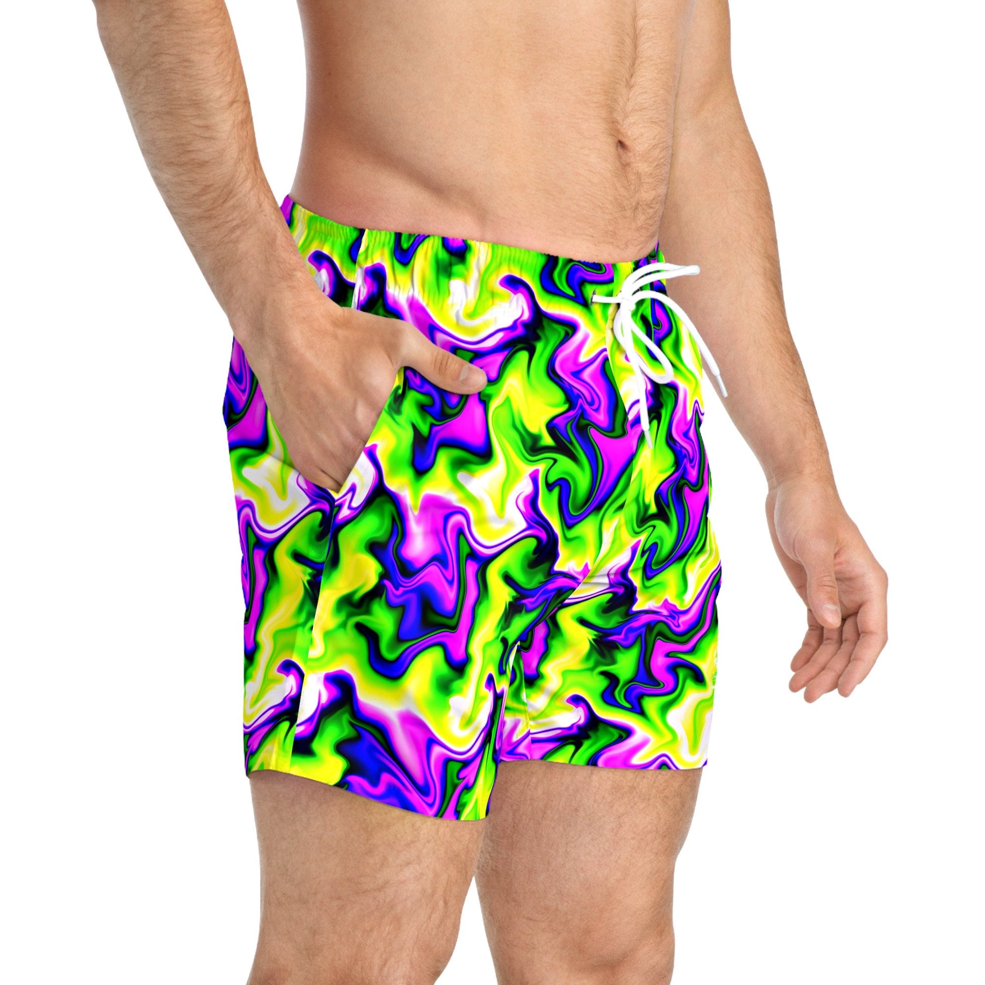 Trippy Neon Green & Purple Swirl Fast Dry Swim Trunks for Men, Bright ...