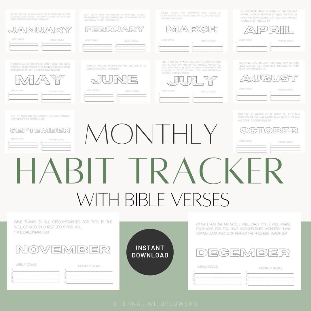 Monthly Habit Tracker Color in Daily Goals With Christian Bible Verses ...