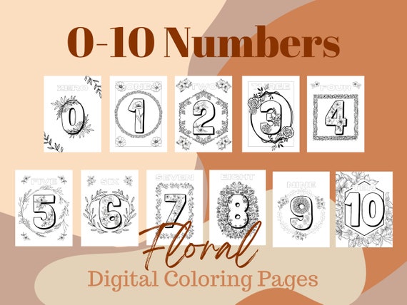 Numbers 0-10 Florals Digital Coloring Page for Adults and | Etsy