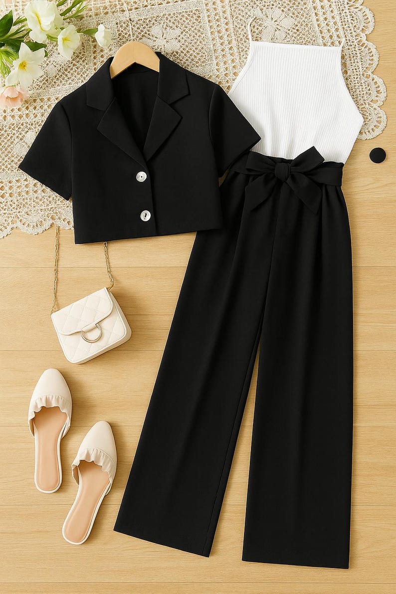 Elegant Black Girls' Blazer and Wide-leg Pants Set | Ages 6-12 ...