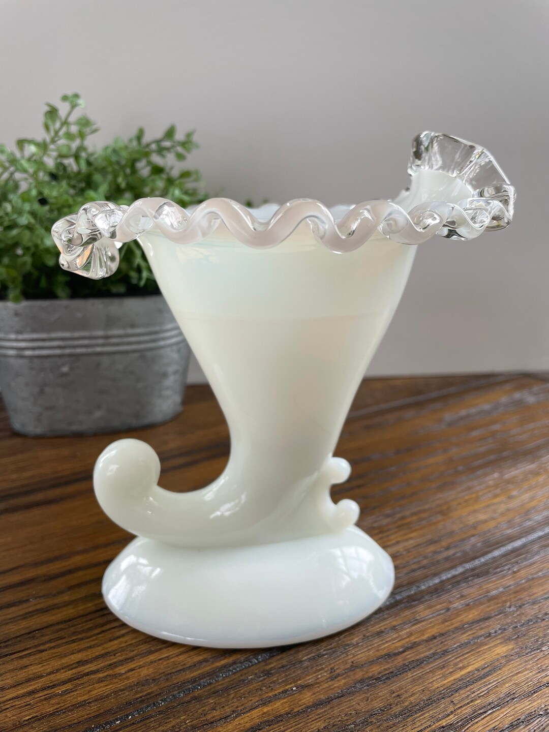 Fenton Silver Crest Horn Vase White Art Glass Vase - Etsy