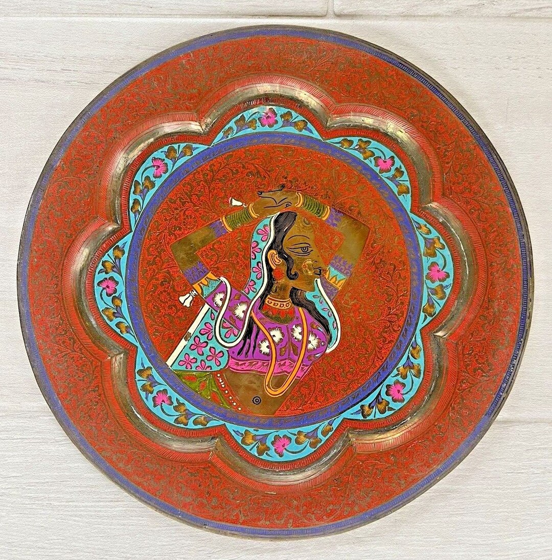 Vintage Brass Indian Woman Engraved Orange Blue Lacquer Wall Hanging ...