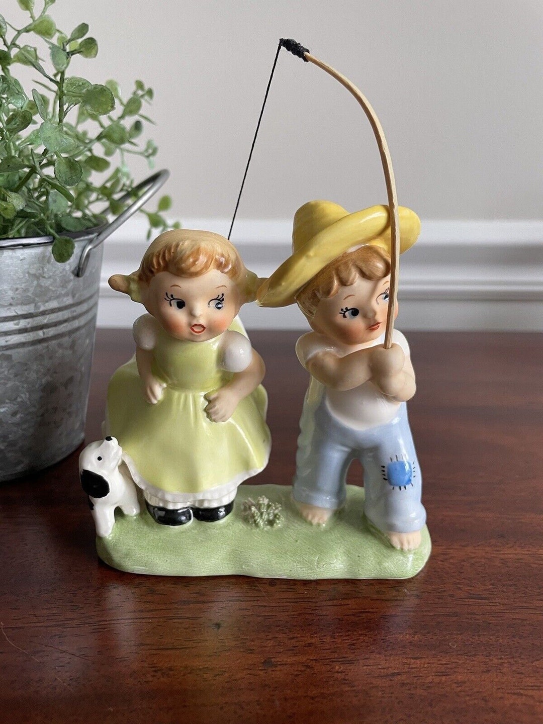 Vintage Artmark Boy With Fishing Pole and Girl With Dog Hand Painted ...
