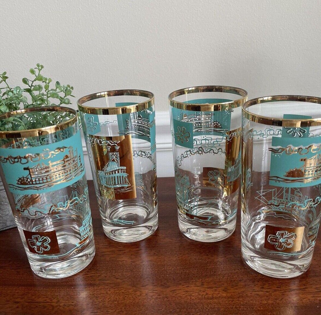 Vintage Libbey Turquoise Teal Gold Riverboat Steamboat Glasses Tumblers ...