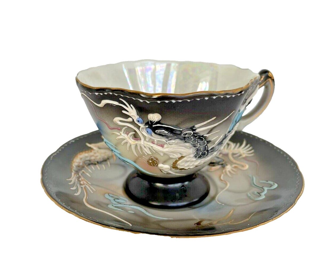 VTG Dragonware Moriage Footed Tea Cup & Saucer Black Gray Textured Hand ...