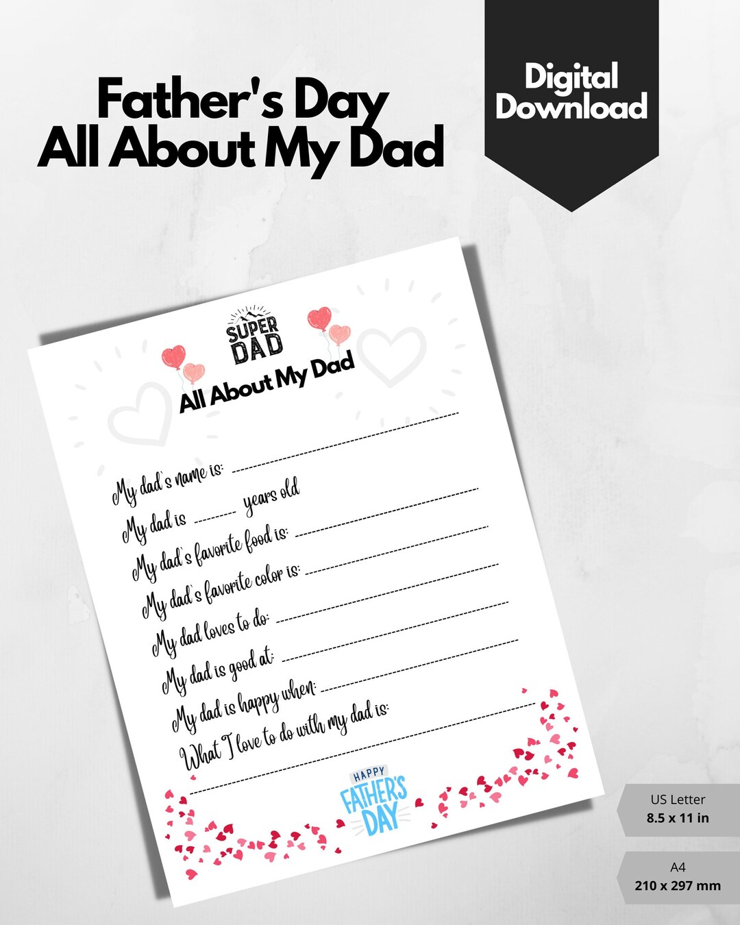 Printable Father's Day Gift From Kids / All About My Dad Questionnaire ...