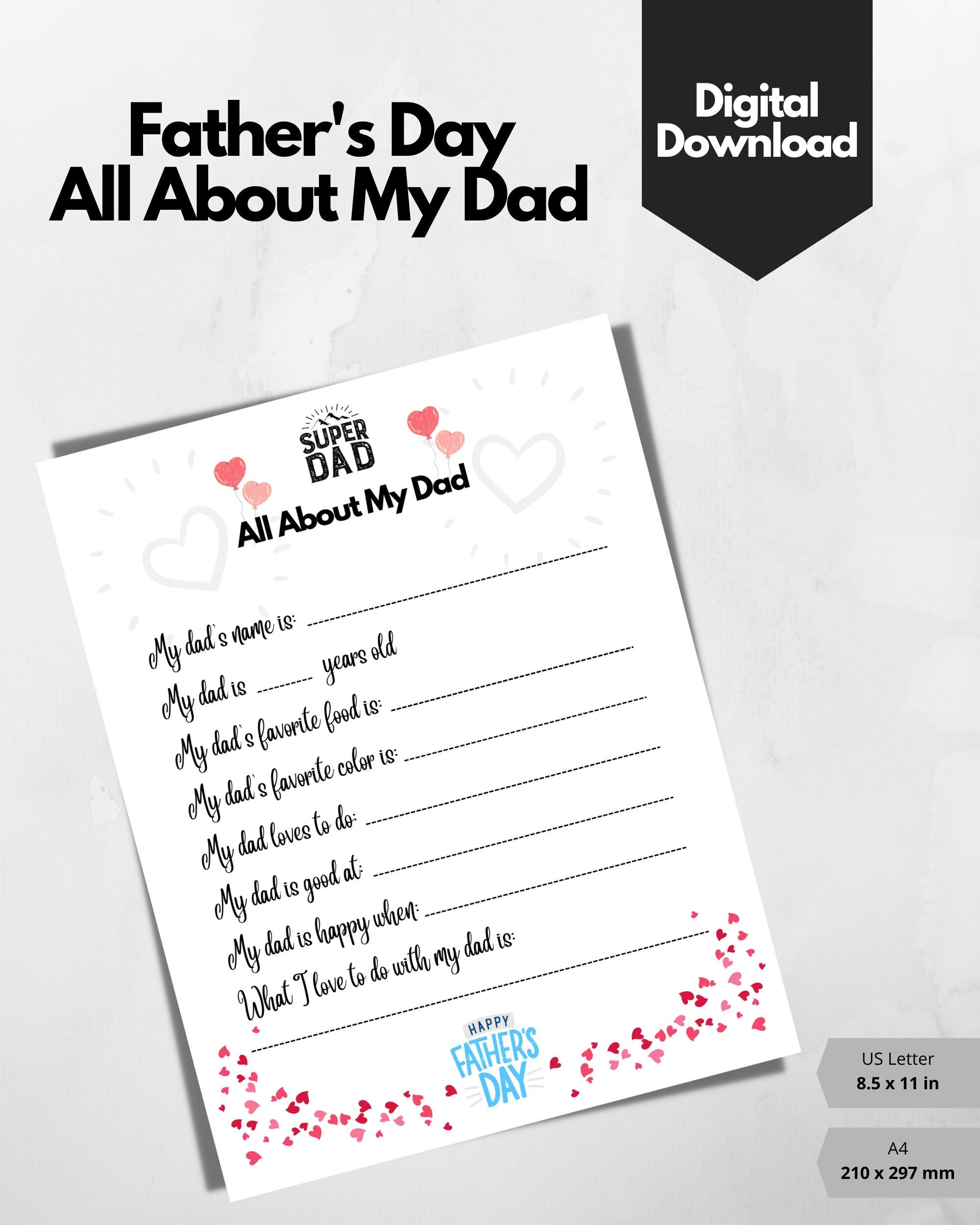 Printable Father's Day Gift From Kids / All About My Dad Questionnaire ...