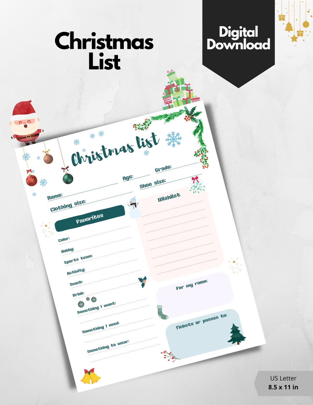 Dear Santa Letter Template, Christmas List for Presents, Christmas ...