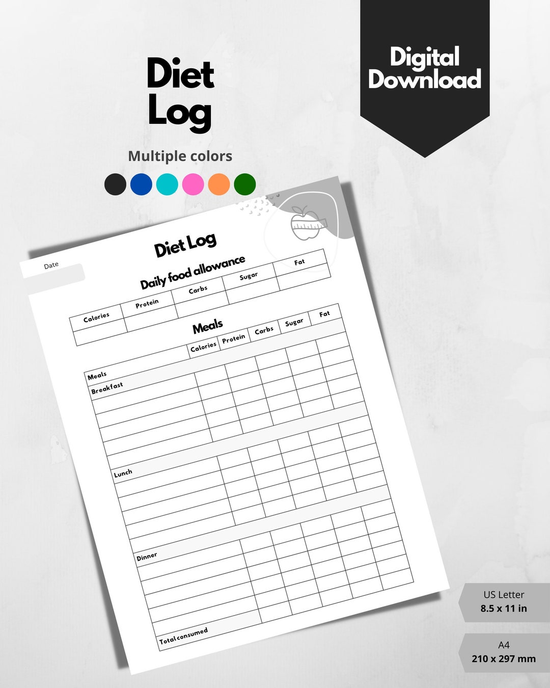Printable Diet Log / Diet Tracker / Daily Calorie Tracker / Us Letter ...
