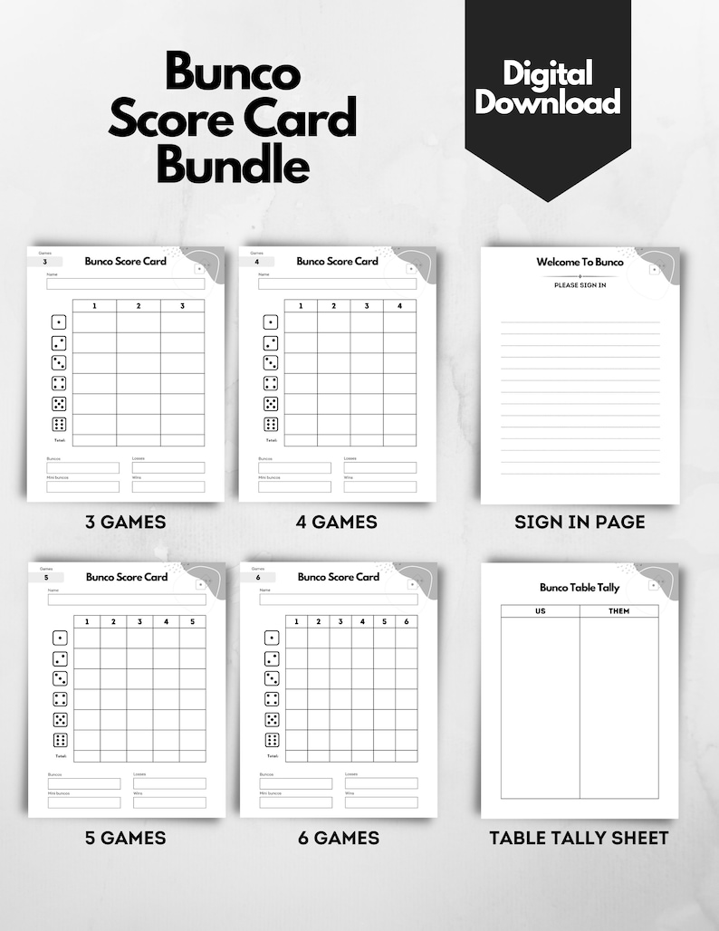 Bunco Score Card Bundle / Bunco Game / Table Tally Sheet / Bunco Tables ...