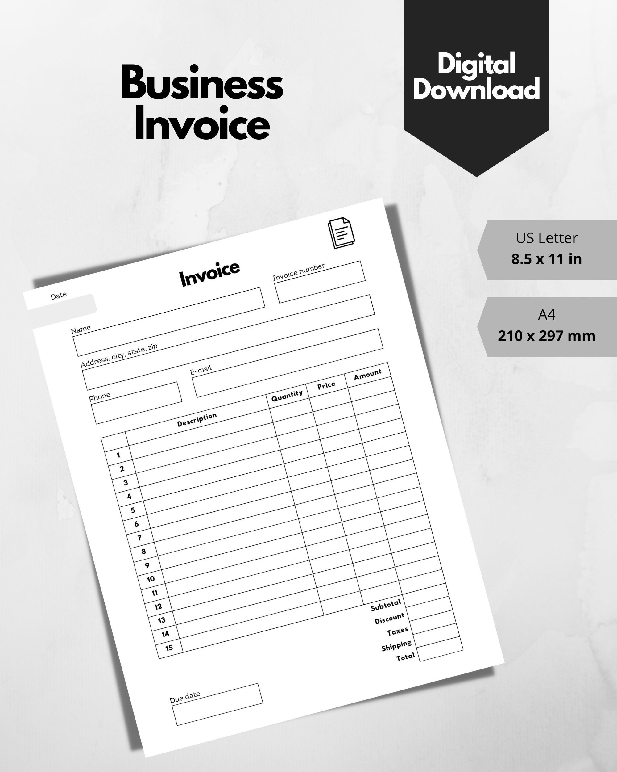 Printable Business Invoice Form / Simple Invoice Template / PDF - Etsy