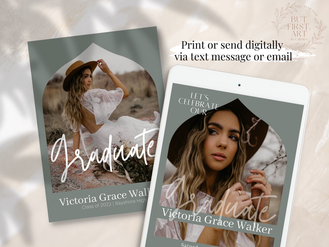 Modern Boho Graduation Announcement Template, Editable Grad ...