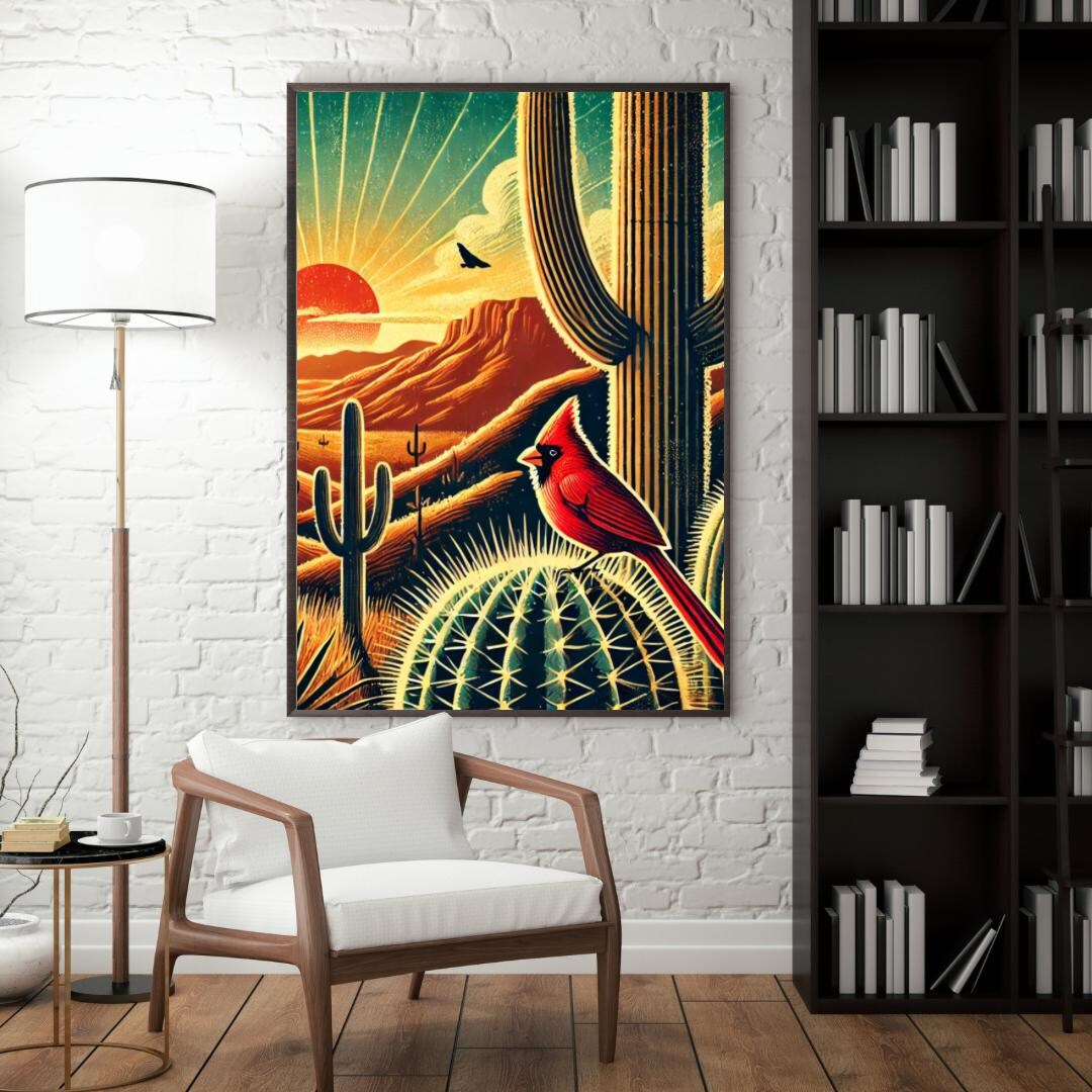 Red Cardinal Bird Poster - Southwest Desert Cactus Wall Art - Vintage ...