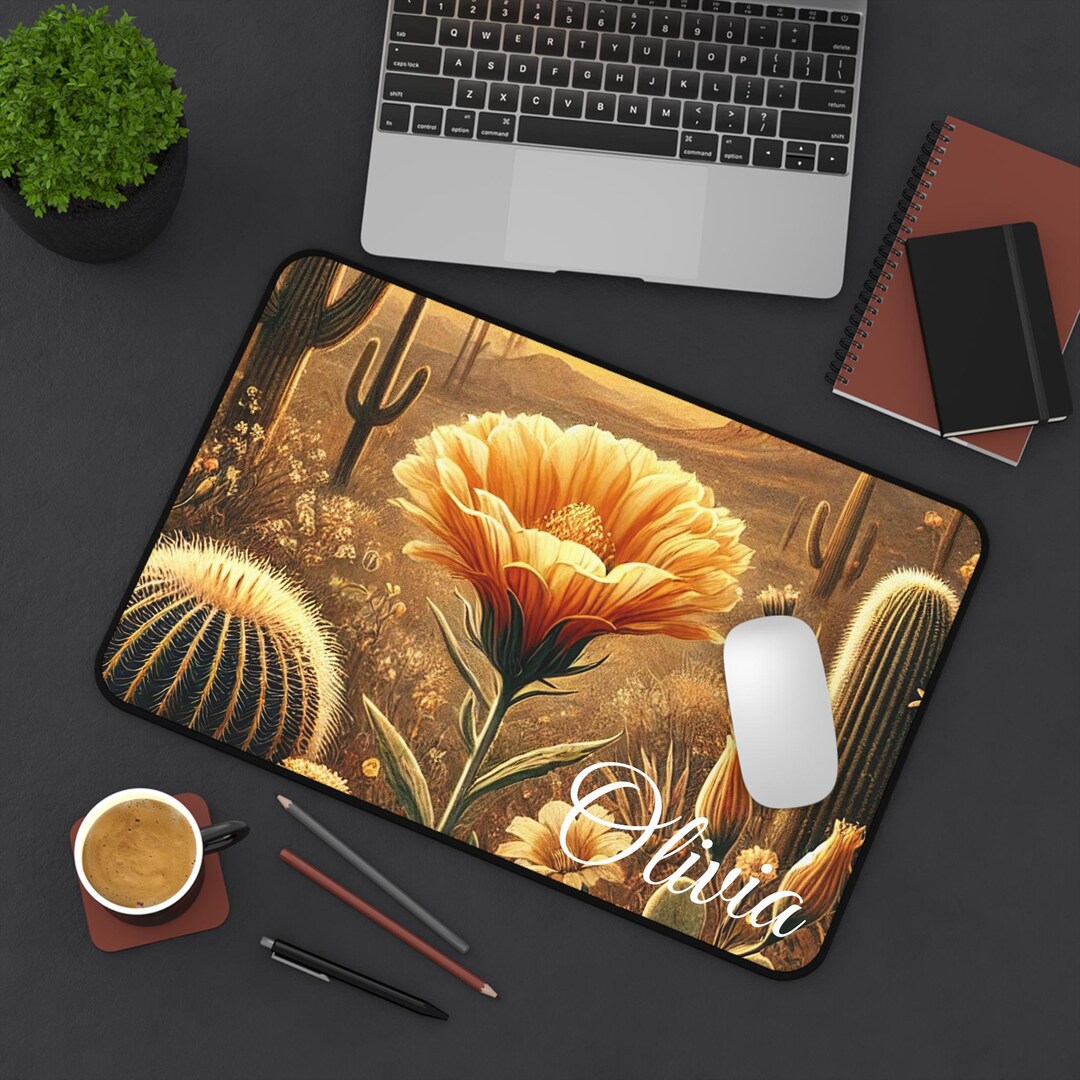 Custom Desk Mat - Blooming Cactus Desert Design - Mouse Pad - Computer ...