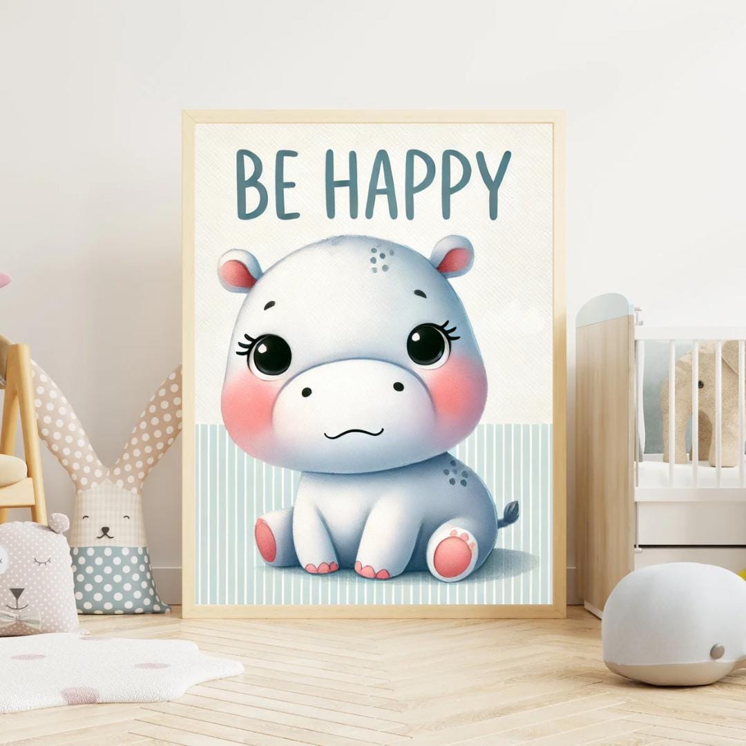 Be Happy Hippo Poster - Nursery, Kids Room Decor - Baby Shower Gift ...