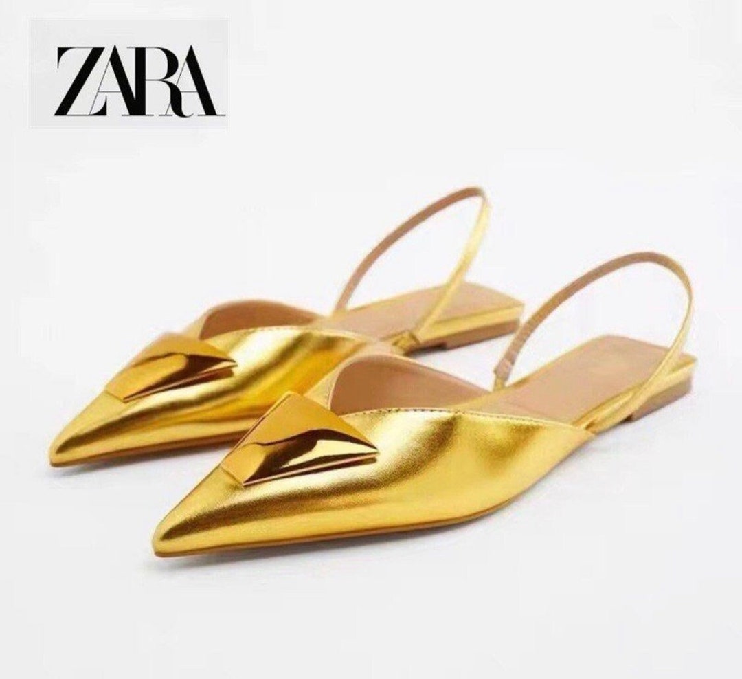 Zara Gold Metallic Pointed Toe Flats Sling Back Shoes Size EU38/ US7.5 - Etsy